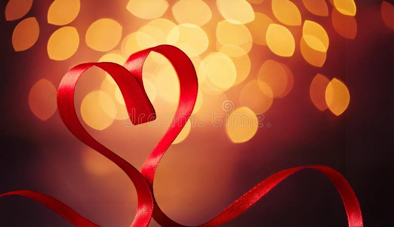 Romantic Red Ribbon Heart Shape Warm Bokeh Lights Background Stock ...