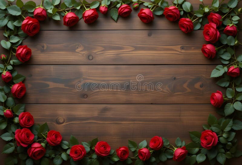 Romantic Red Rose Border on Vintage Wood with Blank Space for Text ...