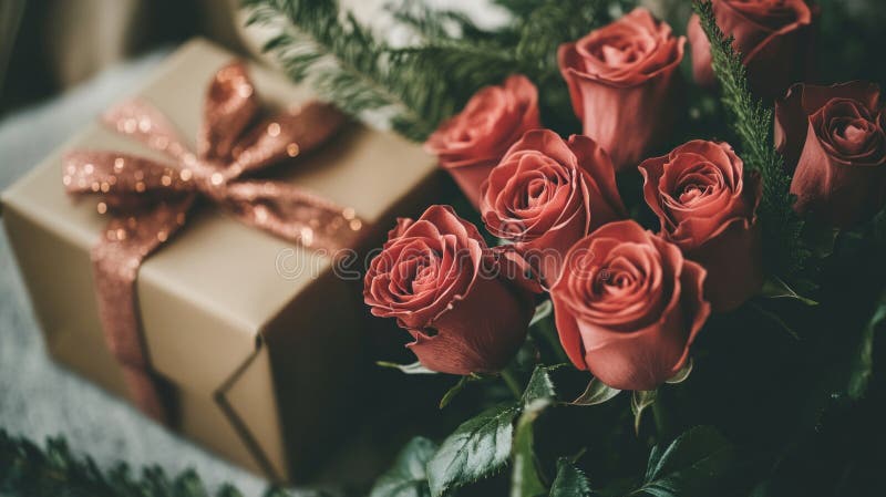 Romantic Red Rose Bouquet with Elegant Gift Box Stock Illustration ...