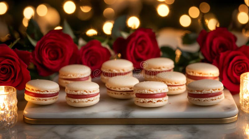Romantic Red Rose and Macaron Dessert Setting Stock Illustration ...