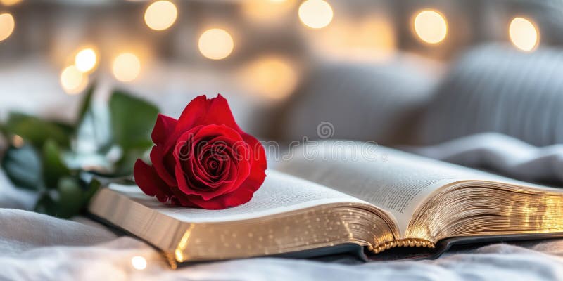 Romantic Red Rose on Open Book with Soft Warm Fairy Lights in Cozy ...