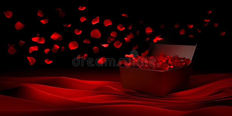 Romantic Red Rose Petals Falling into Open Gift Box on Red Fabric Stock ...
