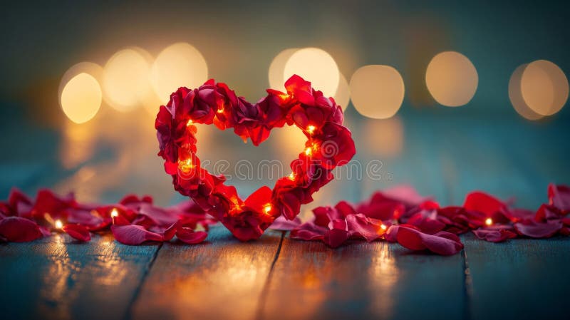 Romantic Red Rose Petals Heart with Warm Lights Stock Illustration ...