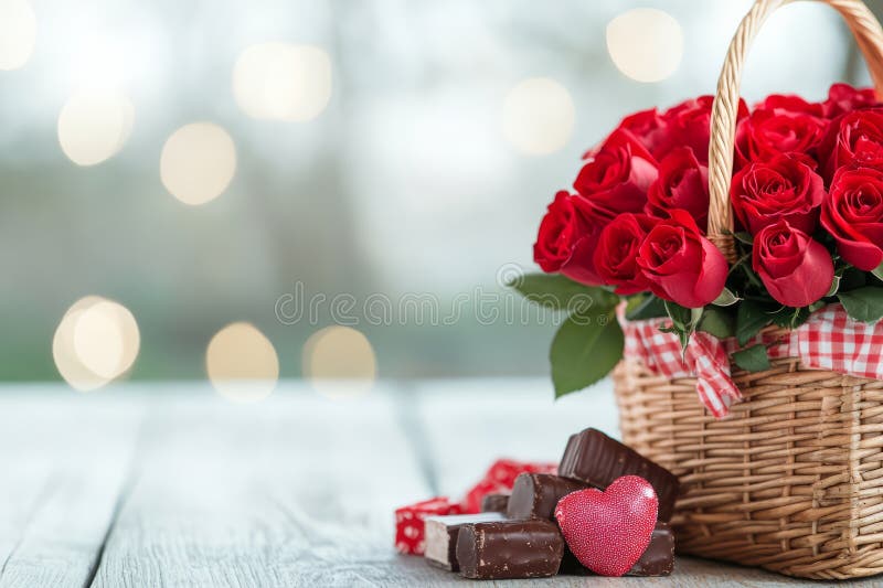 Romantic Red Roses in Basket with Chocolates and Heart on Rustic Table ...