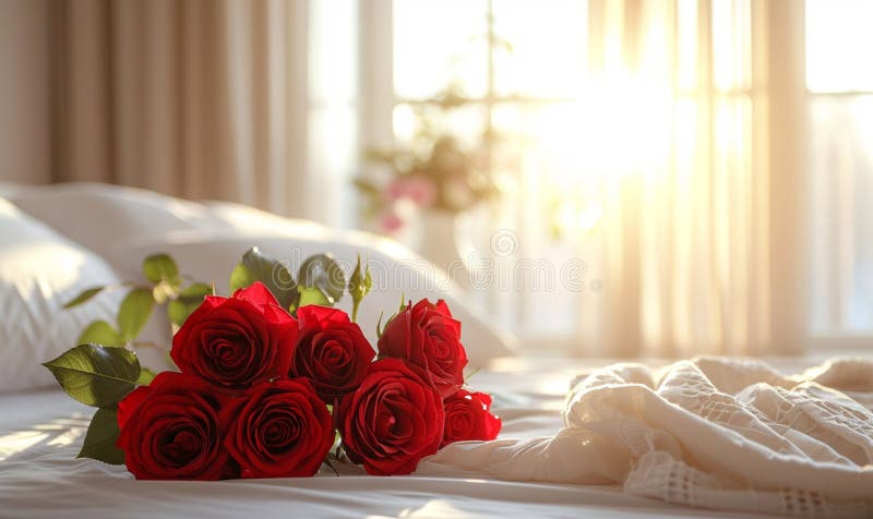 Romantic Red Roses on Bed in Sunset Light,creating a Romantic Setting ...