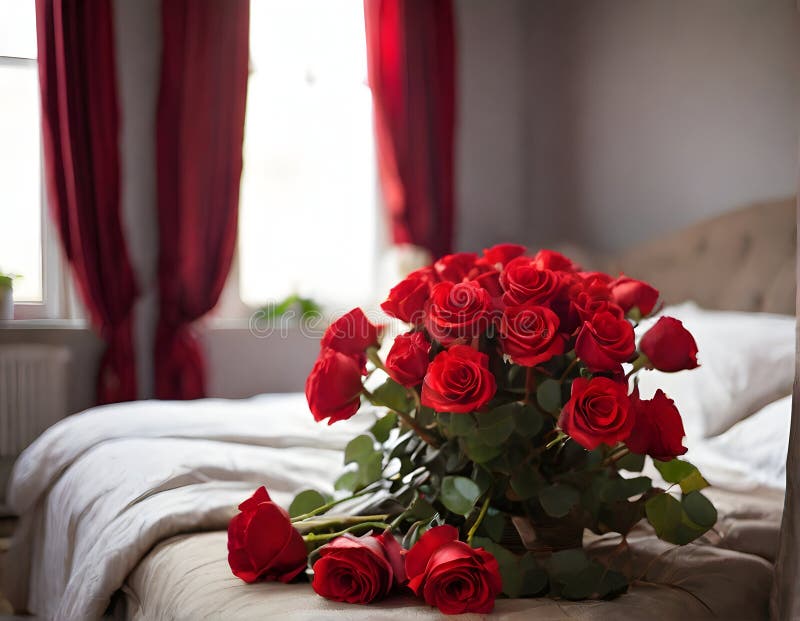Romantic Red Roses in Bedroom Stock Illustration - Illustration of ...