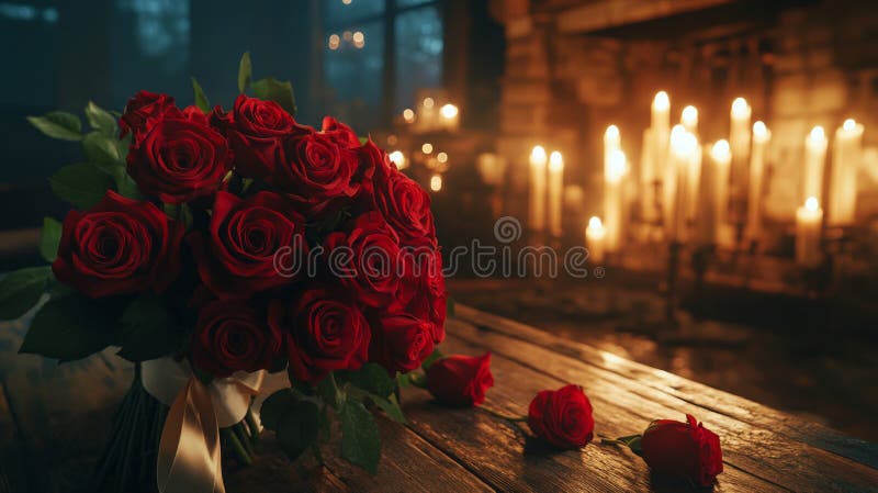 Romantic Red Roses Bouquet Candles Fireplace Setting Stock Illustration ...