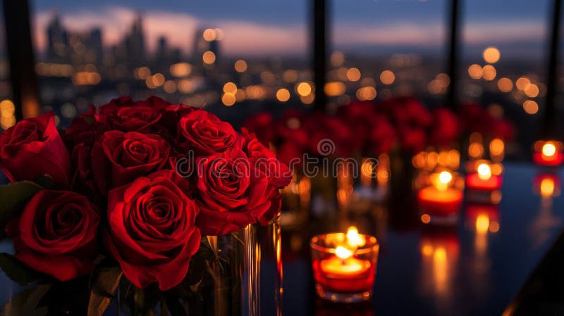 Romantic Red Roses and Candles with City Lights Background Stock ...