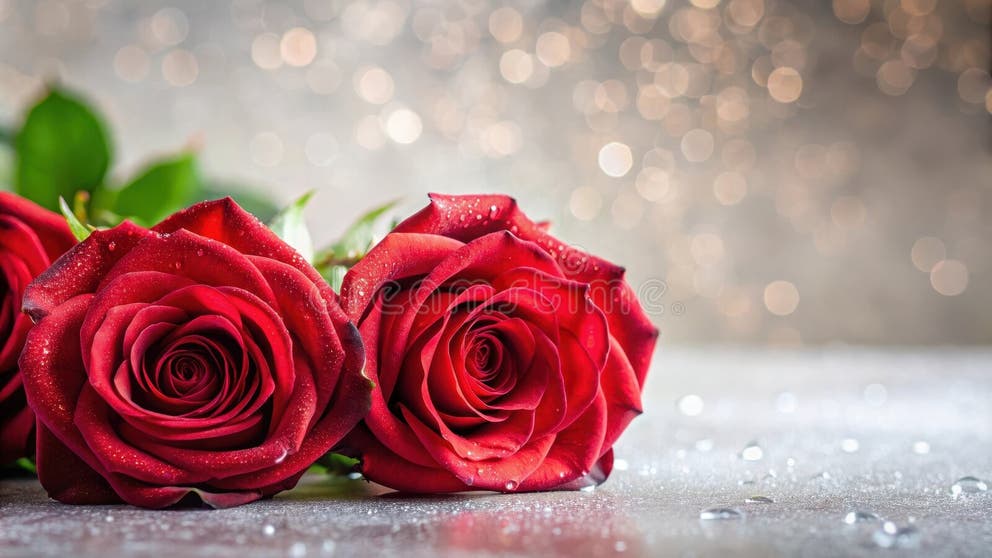 Romantic Red Roses with Dew Drops on a Sparkling Background. Generative ...