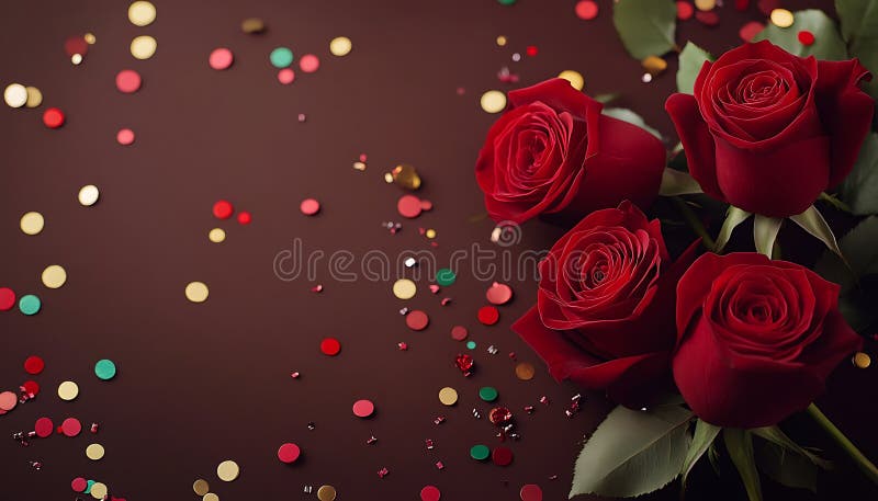 Romantic Red Roses and Festive Confetti on a Deep Chocolate Brown ...
