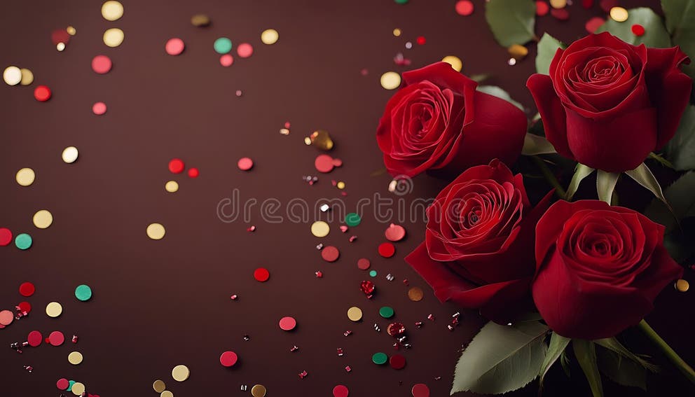 Romantic Red Roses and Festive Confetti on a Deep Chocolate Brown ...