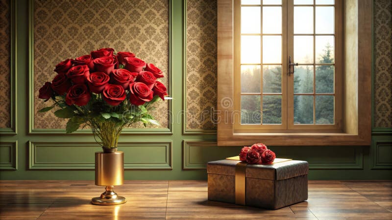 Romantic Red Roses in a Gold Vase with a Gift. Generative AI Stock ...