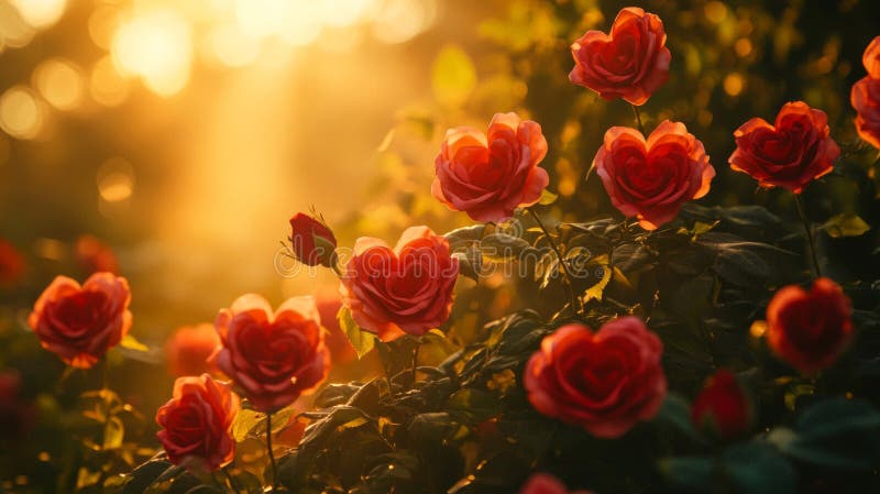 Romantic Red Roses in a Golden Sunset Garden Stock Illustration ...