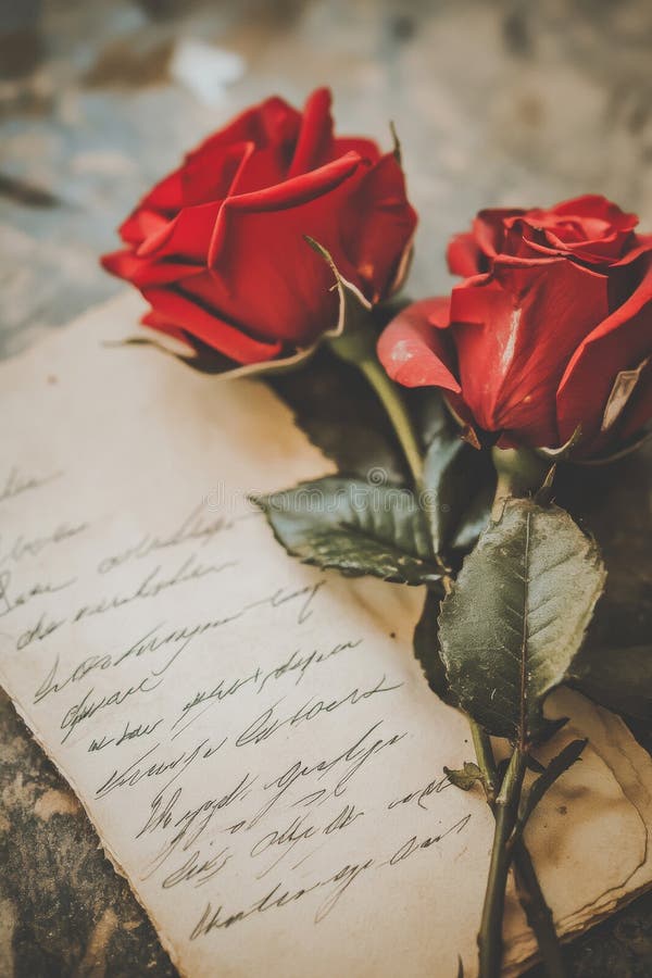 Romantic Red Roses and Handwritten Letter on a Rustic Surface Capturing ...