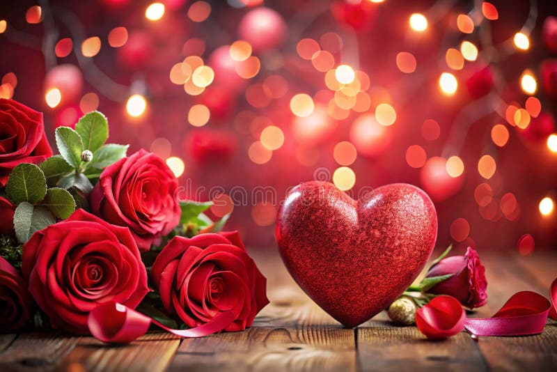Romantic Red Roses and Heart with Bokeh Lights Stock Illustration ...