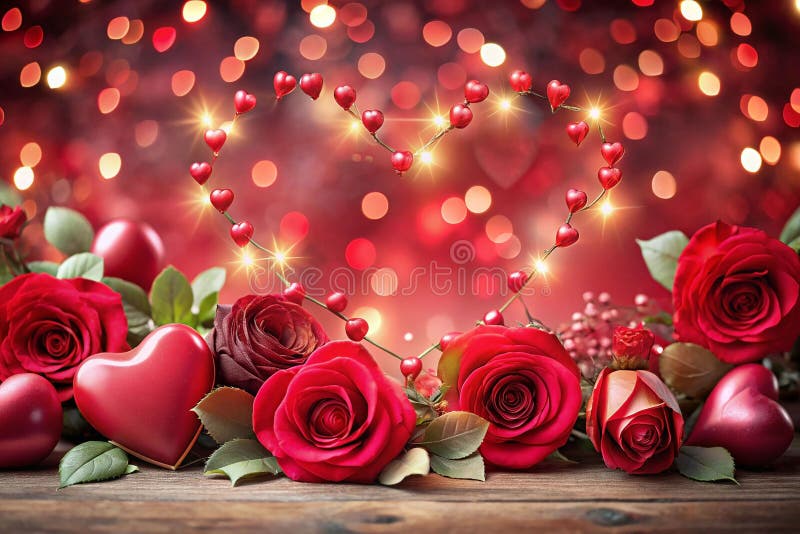Romantic Red Roses, Hearts, and Lights on Wood Stock Illustration ...