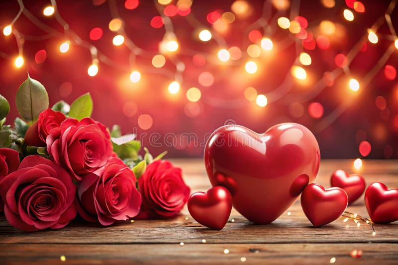 Romantic Red Roses and Hearts on Wood with Bokeh Lights Stock ...