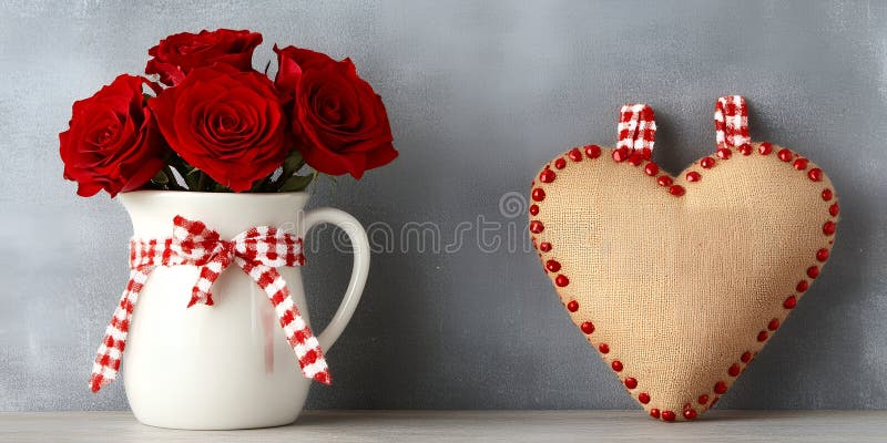 Romantic Red Roses in Pitcher with Rustic Burlap Heart Valentine S Day ...