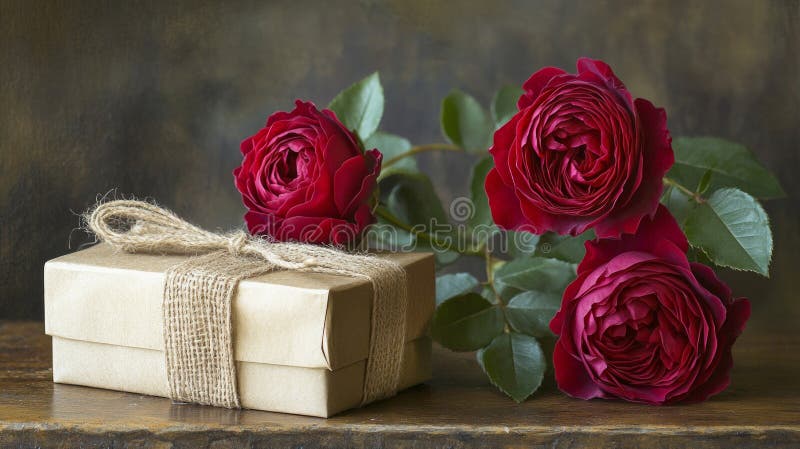 Romantic Red Roses and a Rustic Gift Stock Illustration - Illustration ...