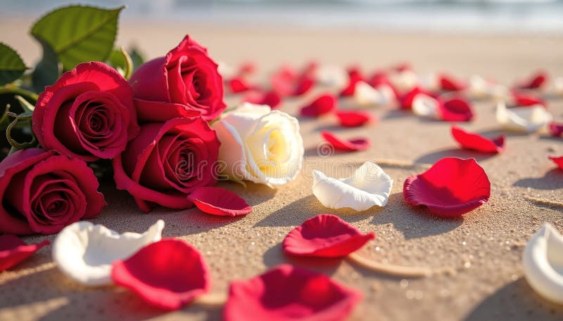 Romantic Red and White Roses with Petals on Sandy Beach, Perfect for ...