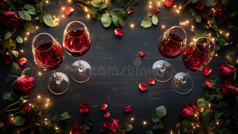 Romantic Red Wine and Roses with Fairy Lights Stock Illustration - Illustration of date ...