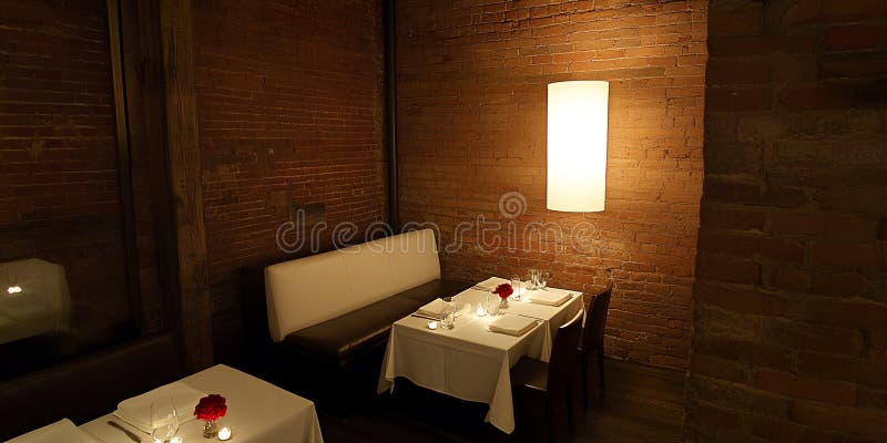 Romantic Restaurant Setting Intimate Table for Two with Brick Wall and Soft Lighting Stock ...