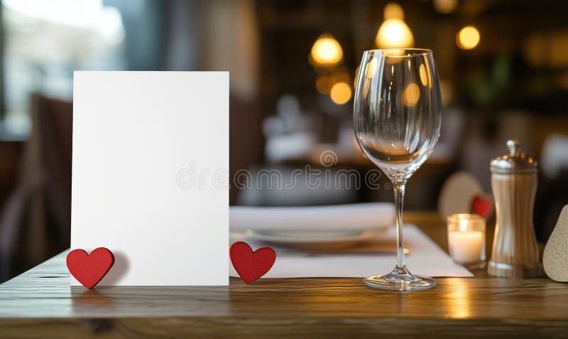 Romantic Restaurant Table Setting with Blank Menu Card, Wine Glass, Red ...