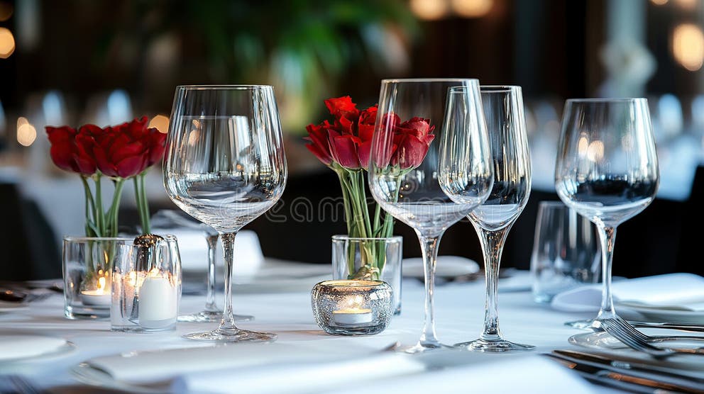Romantic Restaurant Table Setting with Roses Stock Photo - Image of ...