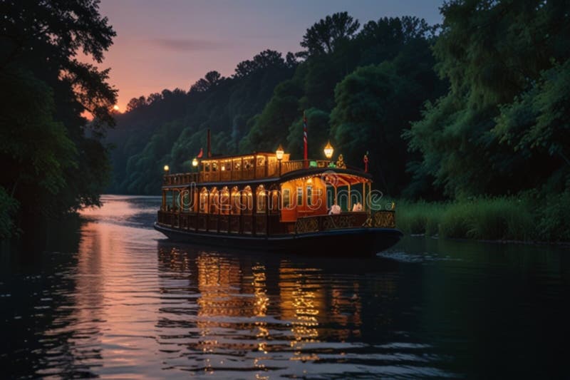 "Twilight Riverboat Romance: a Serene Journey Beneath Lantern-Lit Trees ...