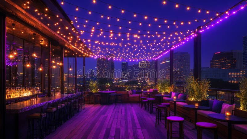 Romantic Rooftop Bar with City Skyline at Night Stock Illustration ...