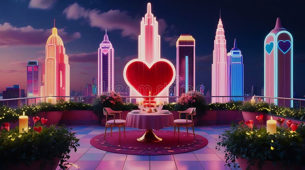 Romantic Rooftop Date in Futuristic Glow Stock Illustration ...