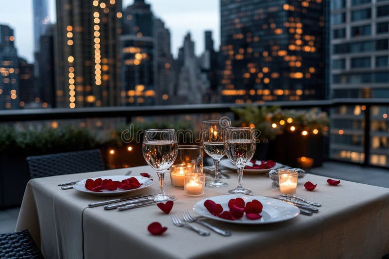 Romantic Rooftop Dinner with Candlelight and Rose Petals in Cityscape ...