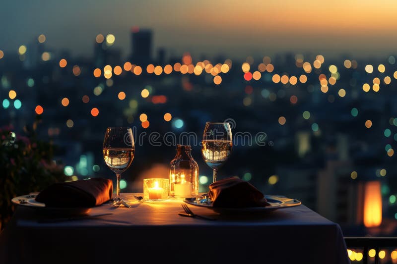 Romantic Rooftop Dinner with City Lights Stock Illustration ...