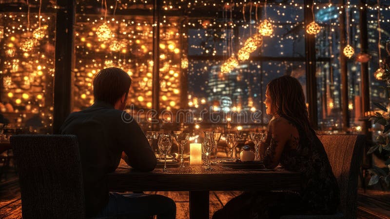 Romantic Rooftop Dinner, City Night Lights, Couple Stock Photo - Image ...