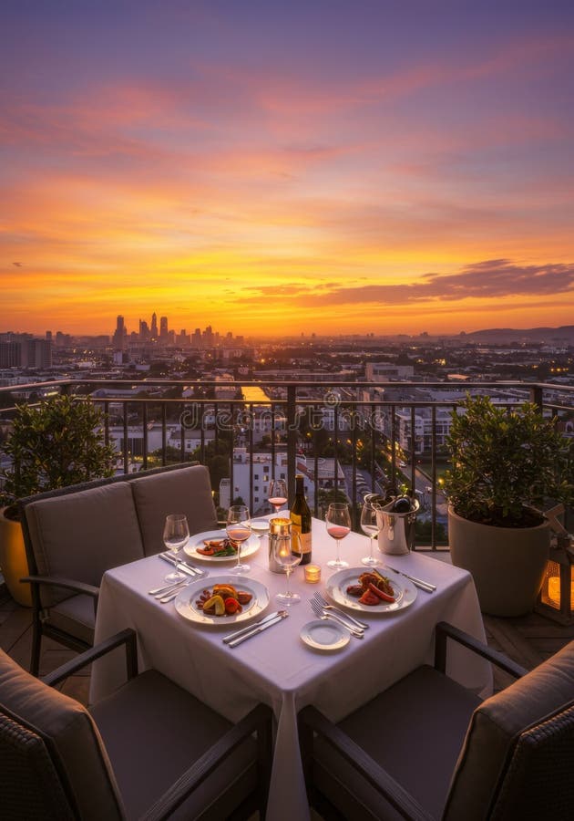 Romantic Rooftop Dinner with City Sunset View Stock Illustration - Illustration of dinner, city ...