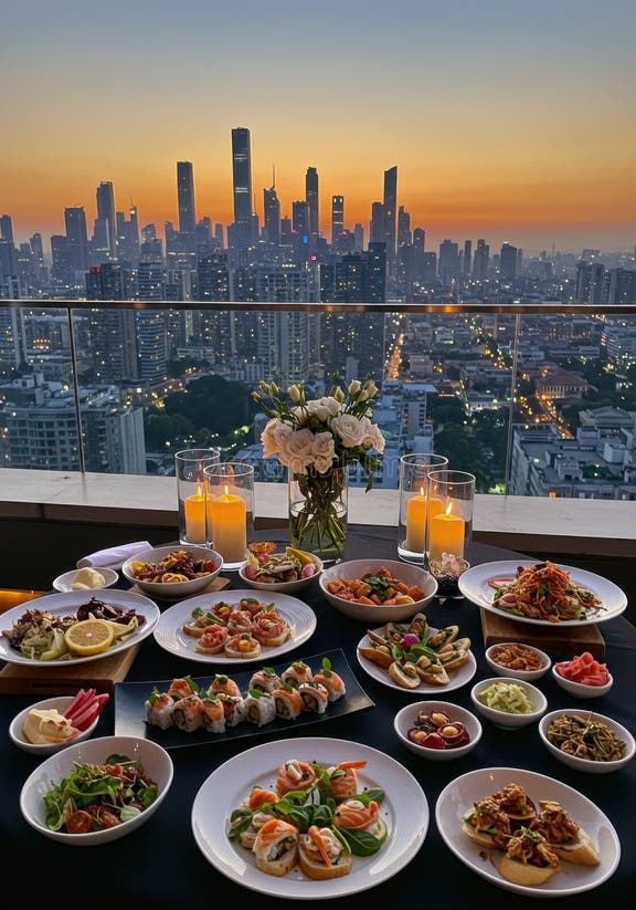 Romantic Rooftop Dinner with City Sunset View Stock Illustration ...