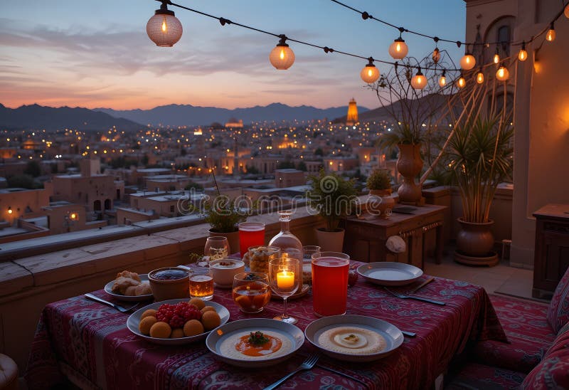 Romantic Rooftop Dinner with City View Stock Illustration ...