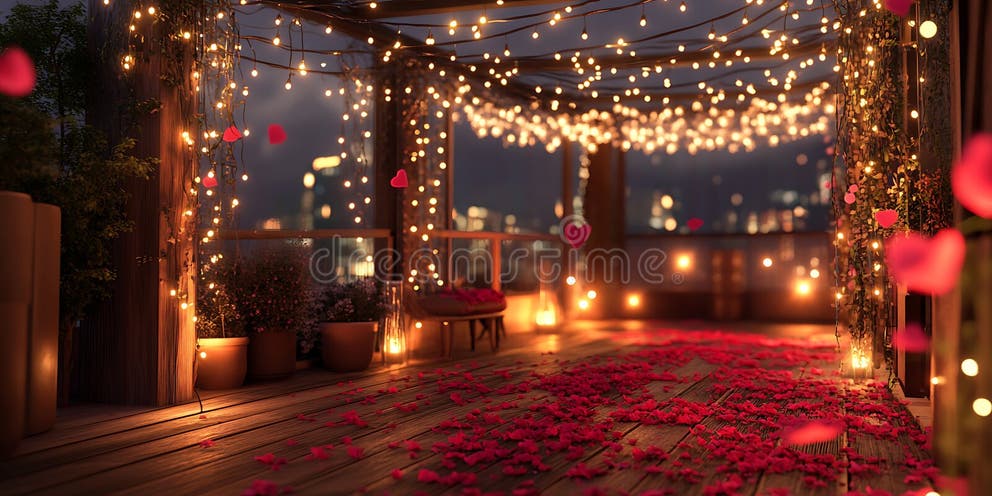 Romantic Rooftop Dinner Date Stock Illustration - Illustration of petal ...