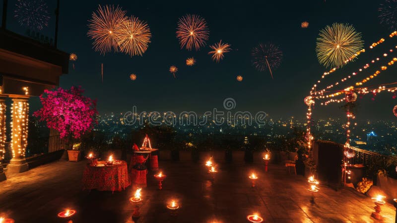 Romantic Rooftop Dinner with Fireworks Display Over City Stock Image ...