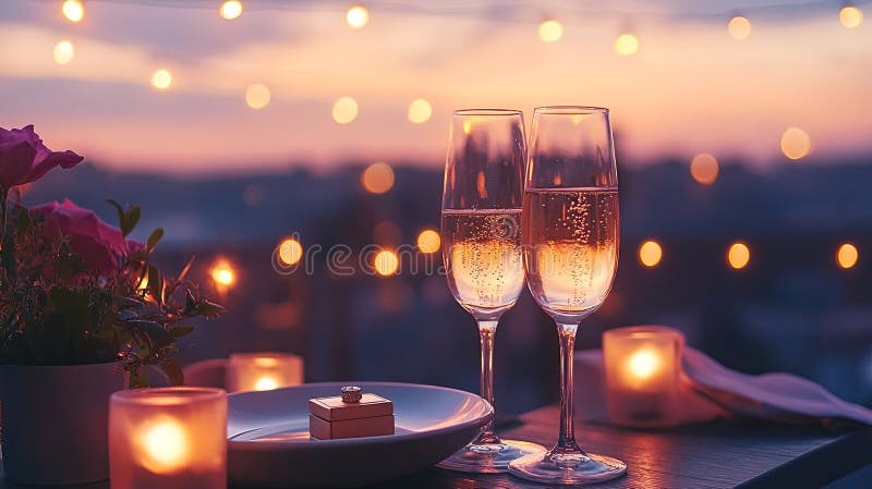 Romantic Rooftop Dinner Ring Box Placed Two Champagne Stock Photos ...