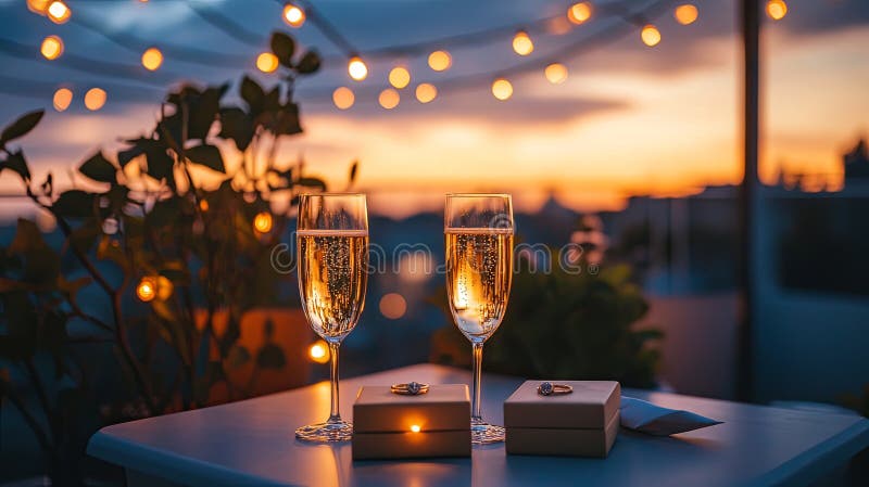 A Romantic Rooftop Dinner with a Ring Box Placed between Two Champagne ...
