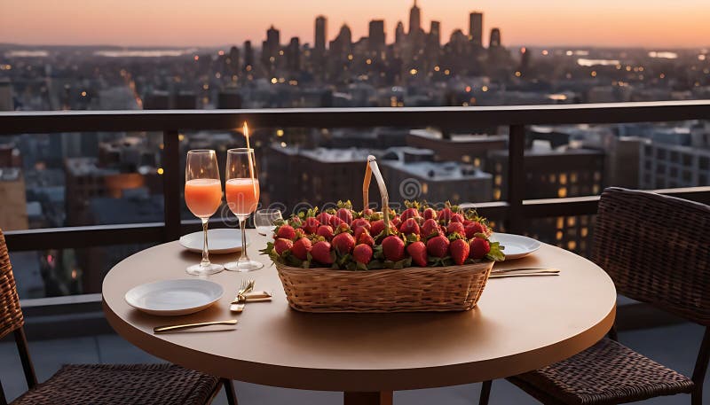 Romantic Rooftop Dinner stock illustration. Illustration of basket ...