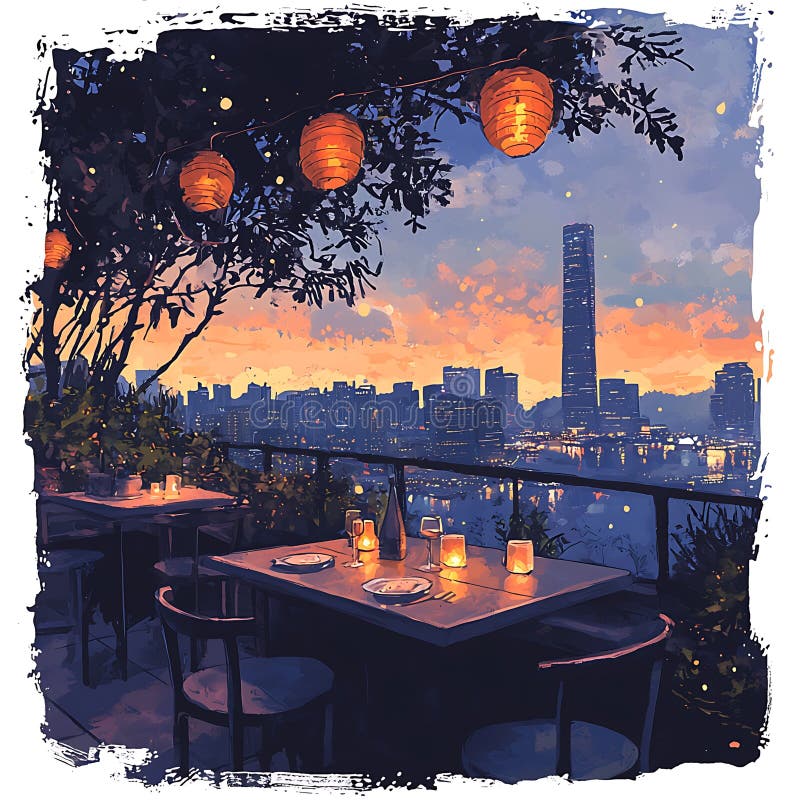 Romantic Rooftop Dinner Setting with City Skyline at Sunset Stock ...
