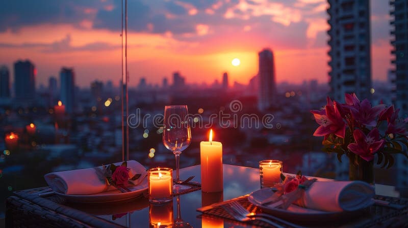 Romantic Rooftop Dinner Setting at Sunset with Cityscape Background ...