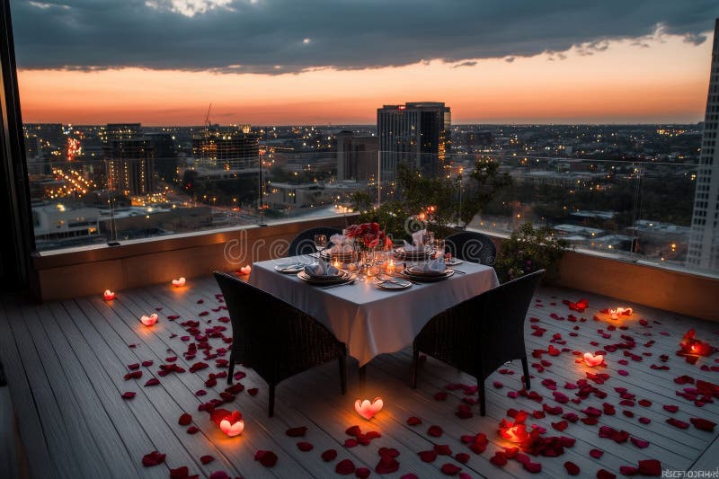 Romantic Rooftop Dinner Setup with City Skyline at Sunset Stock ...