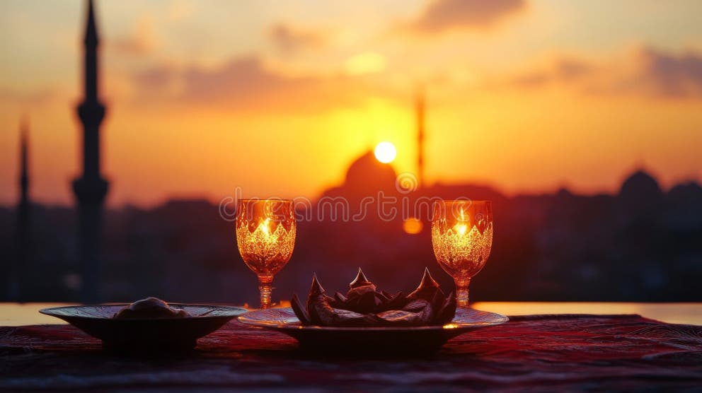 Romantic Rooftop Dinner at Sunset with Cityscape and Mosque Views Stock ...