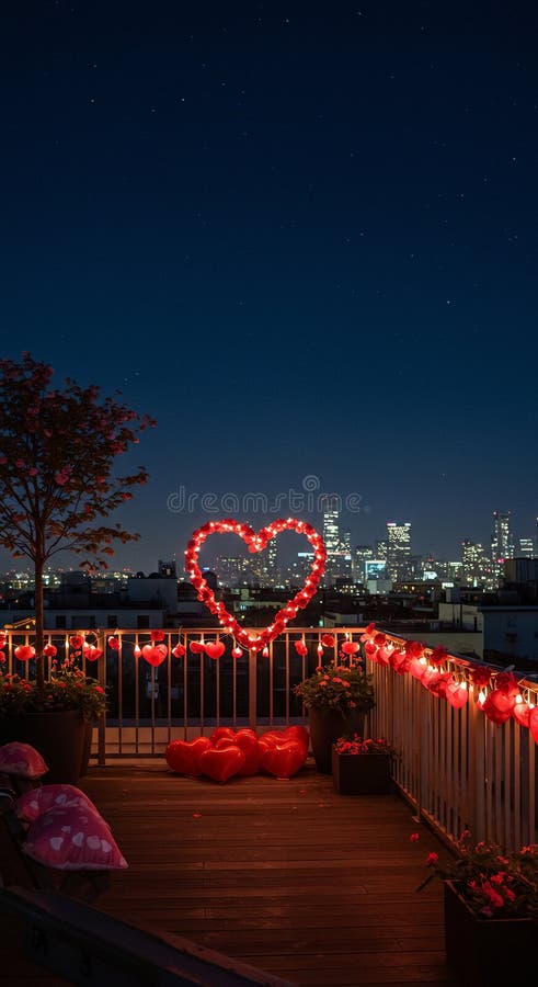 Romantic Rooftop Night: Heart-Shaped Lights and City Skyline Stock ...