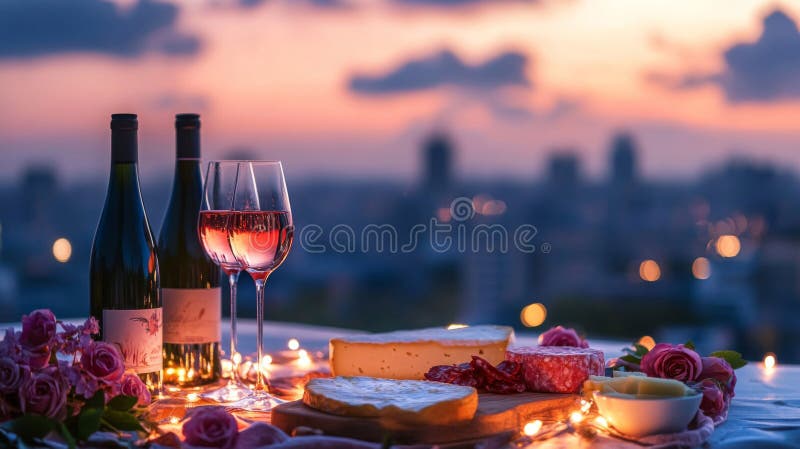 Romantic Rooftop Sunset Dinner with Wine and Cheese Stock Illustration ...
