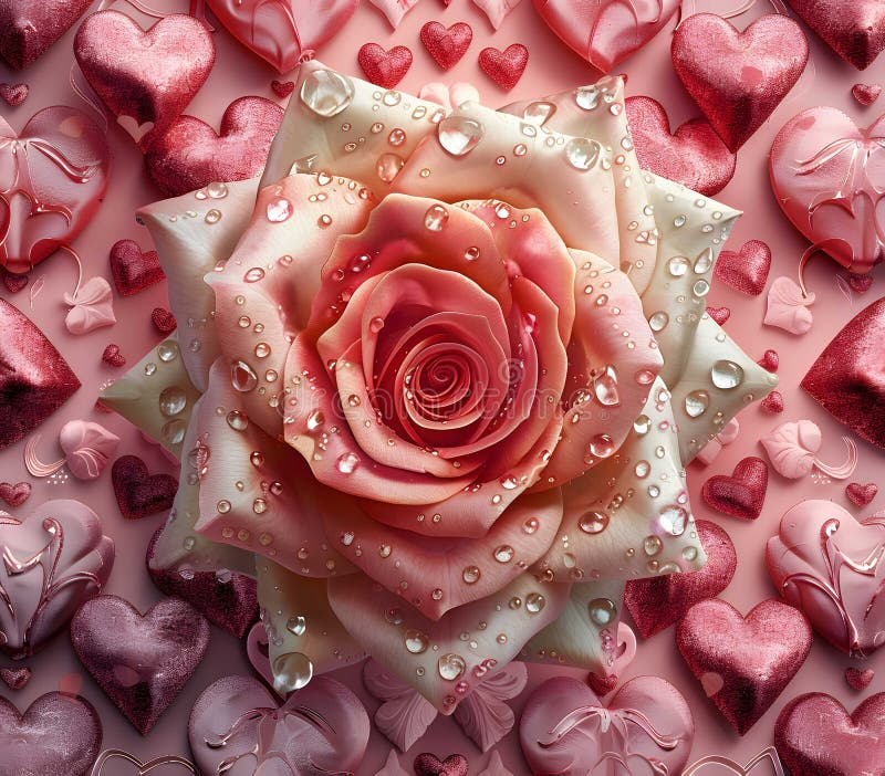 Romantic Rose with Dew Drops Surrounded by Hearts Stock Illustration ...
