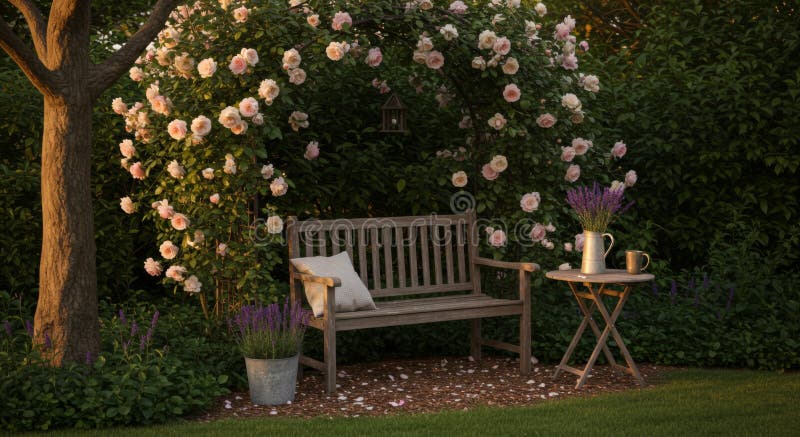 Romantic Rose Garden Bench at Sunset Stock Illustration - Illustration ...